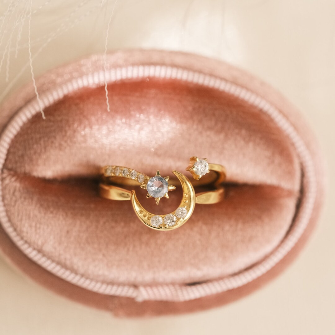Gold Moon Duo Ring, Gold Duo Ring, Gold Celestial Ring, Gold Ring, Star and Moon, Matching Ring ...