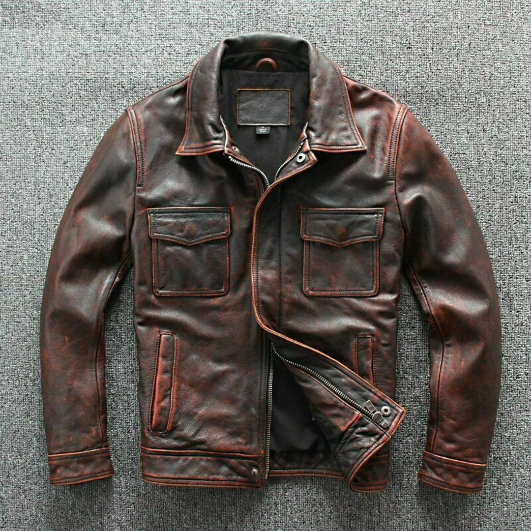 Classic Strap Pocket Real Leather Fashion Jacket for Men | Men's ...