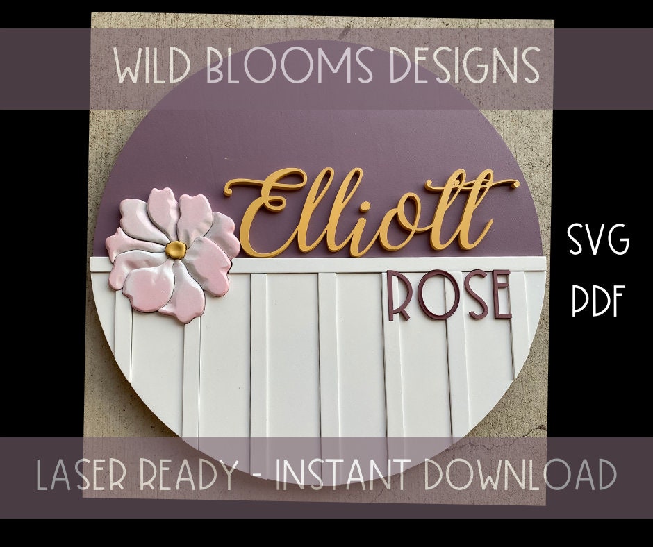 Laser Ready SVG Flower Name Sign, Boho Flowers Nursery Sign, Round Name ...