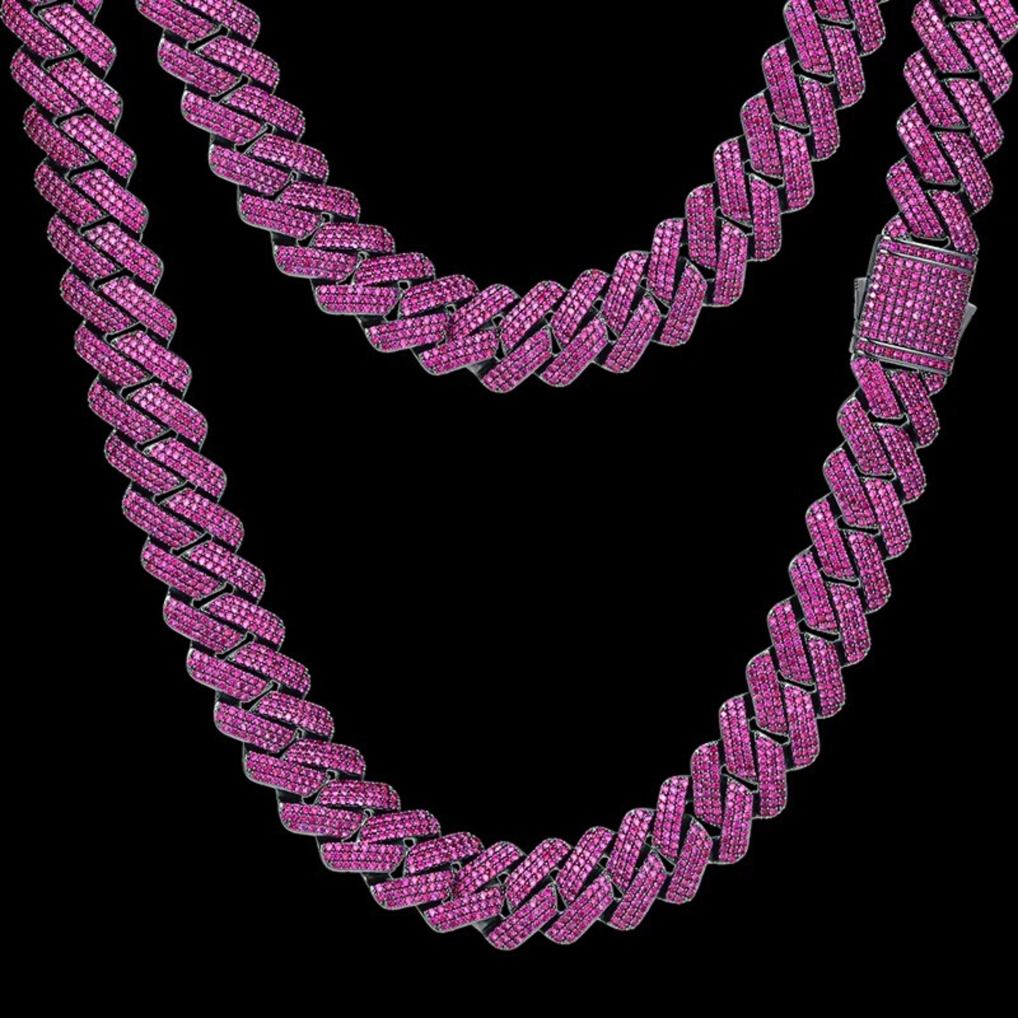 Dark Pink Cuban Link Chain 19MM Prong Iced Out Chain Hip Hop - Etsy