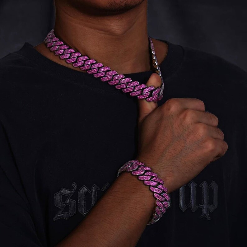 Dark Pink Cuban Link Chain 19MM Prong Iced Out Chain Hip Hop - Etsy