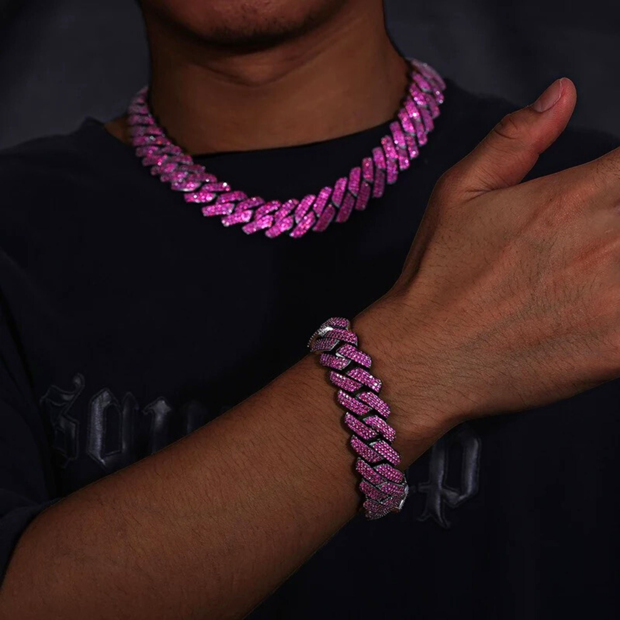 Dark Pink Cuban Link Chain 19MM Prong Iced Out Chain Hip Hop - Etsy