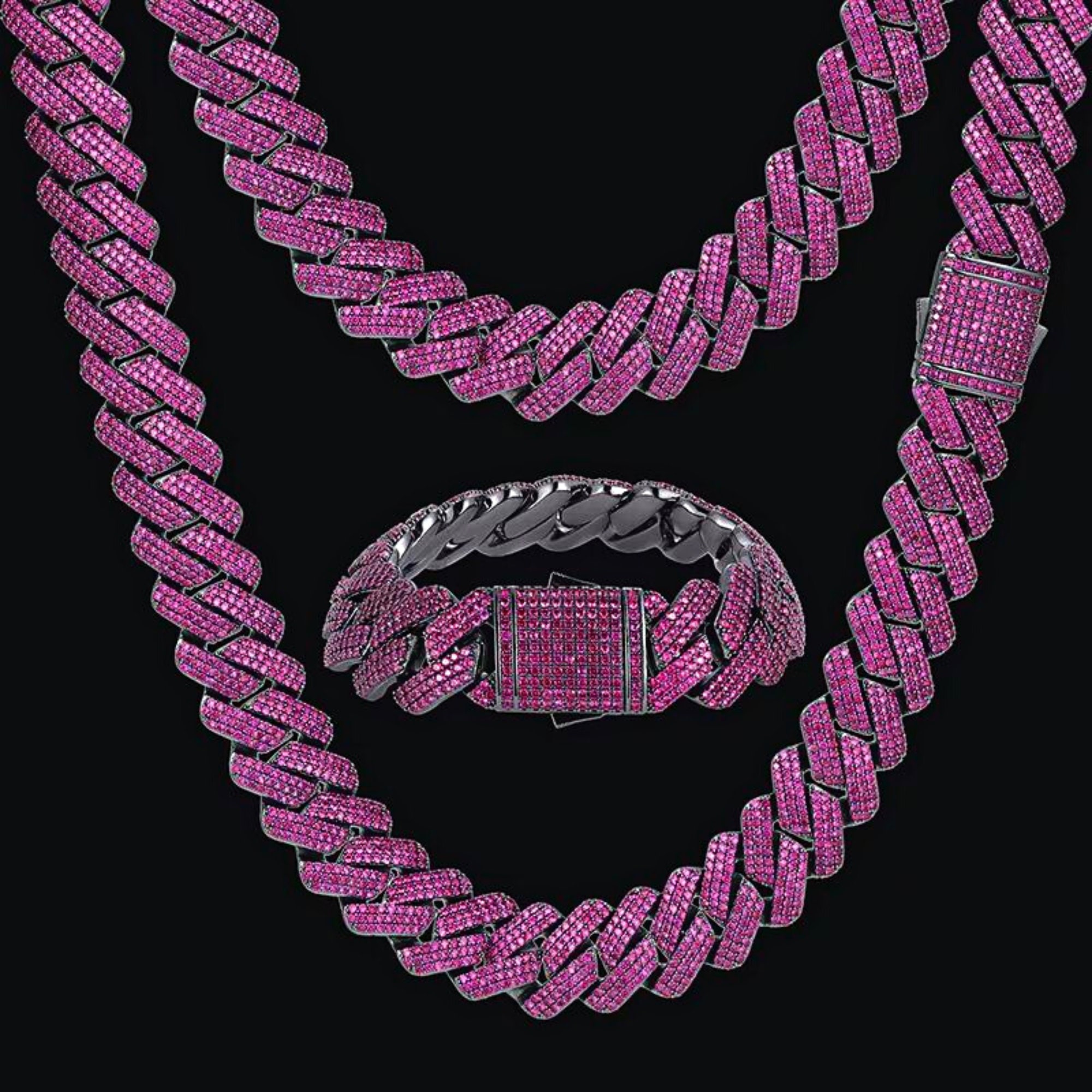 Dark Pink Cuban Link Chain 19MM Prong Iced Out Chain Hip Hop - Etsy