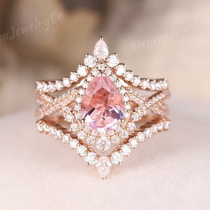 Peachy Pink Sapphire Engagement Ring Vintage Inspired Moissanite Halo ...
