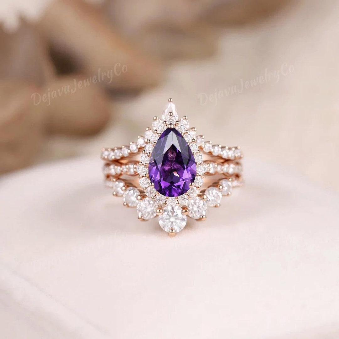 Unique 3pcs Pear Shaped Amethyst Engagement Ring Set Rose Gold Amethyst ...