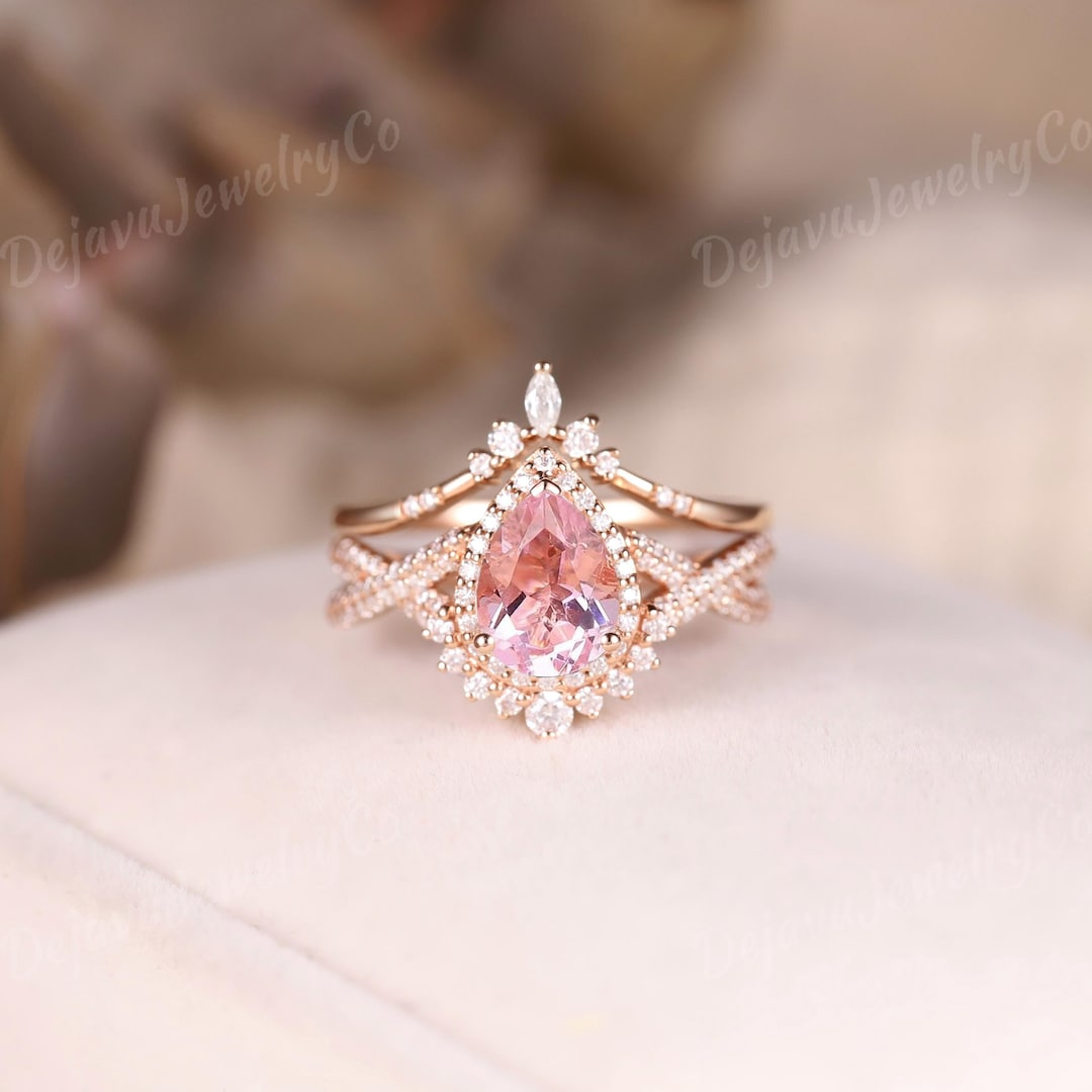 Vintage Peachy Pink Sapphire Engagement Ring Delicate Pear Sapphire ...