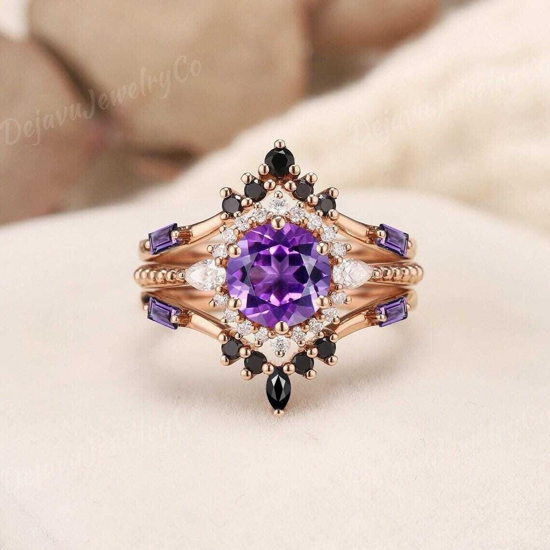 Vintage Round Amethyst Engagement Ring Set Double Black Onyx Wedding ...