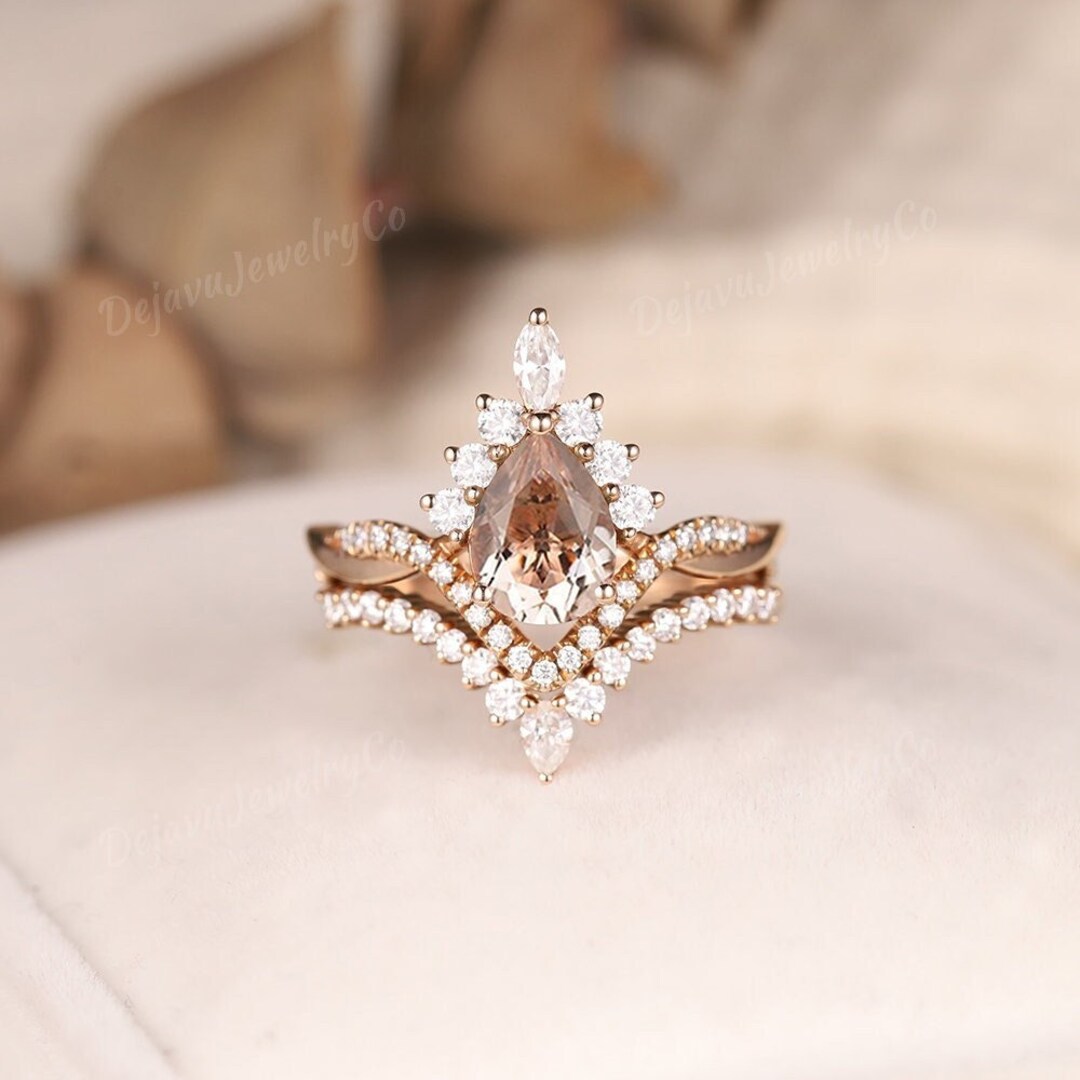 Unique Morganite Engagement Ring Set Art Deco Moissanite Halo Wedding ...