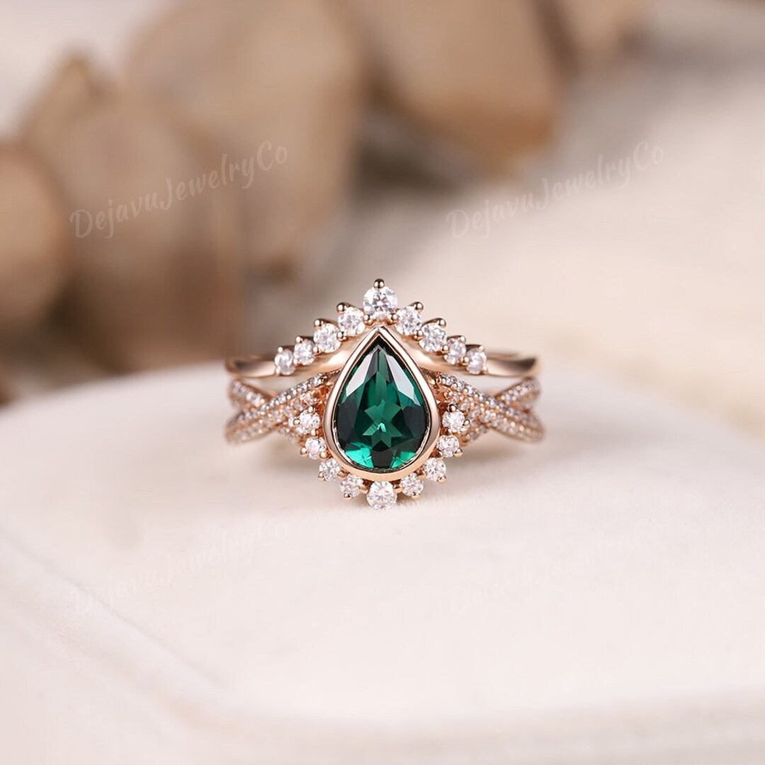 Bezel Set Pear Shaped Engagement Ring Set Vintage Lab Emerald Wedding ...