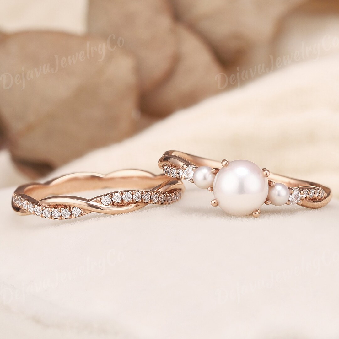 Akoya Pearl Engagement Ring Set Pearl Cluster Wedding Ring Set Twist ...