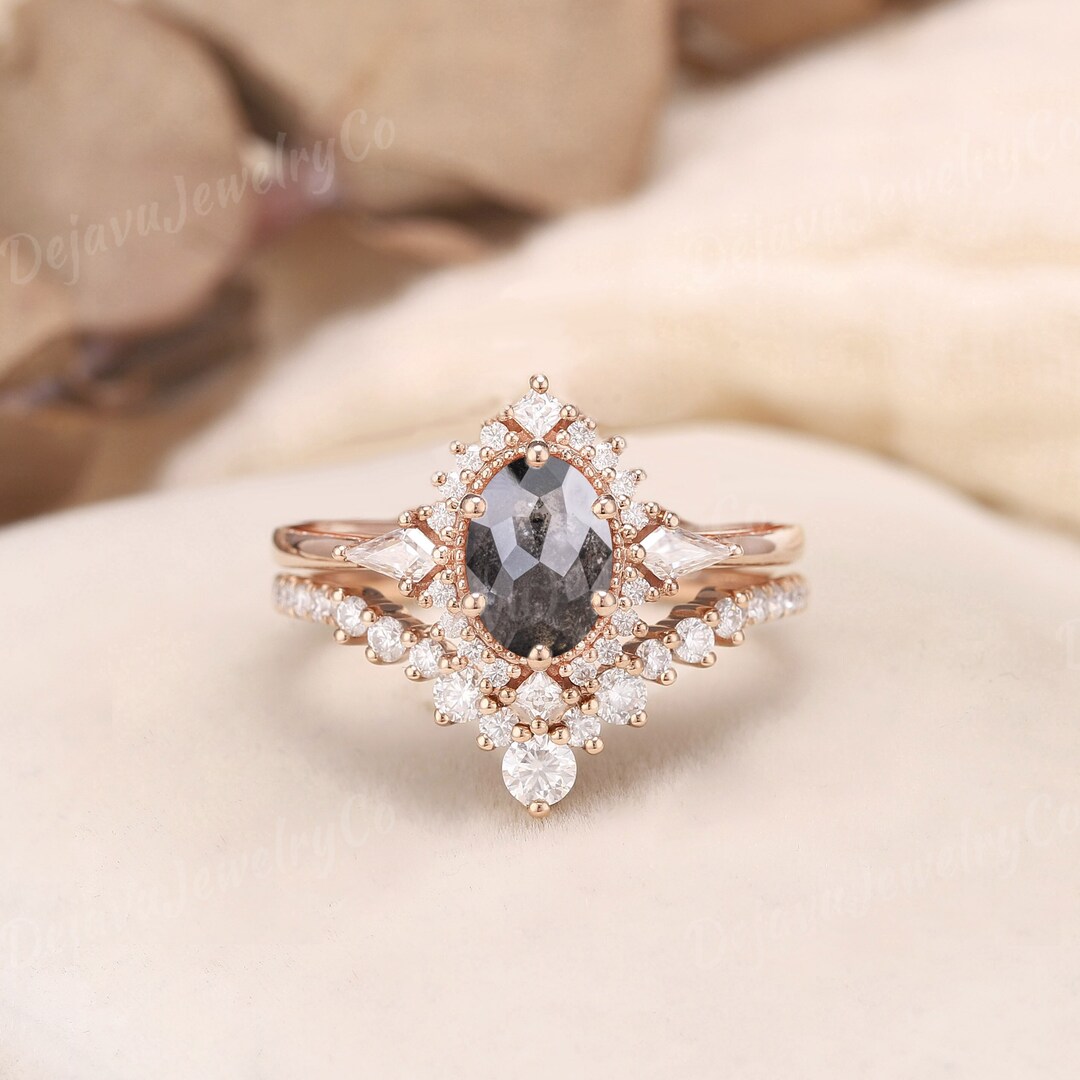 Oval Salt and Pepper Diamond Ring Kite Moissanite Bridal Set 2pcs Rose ...