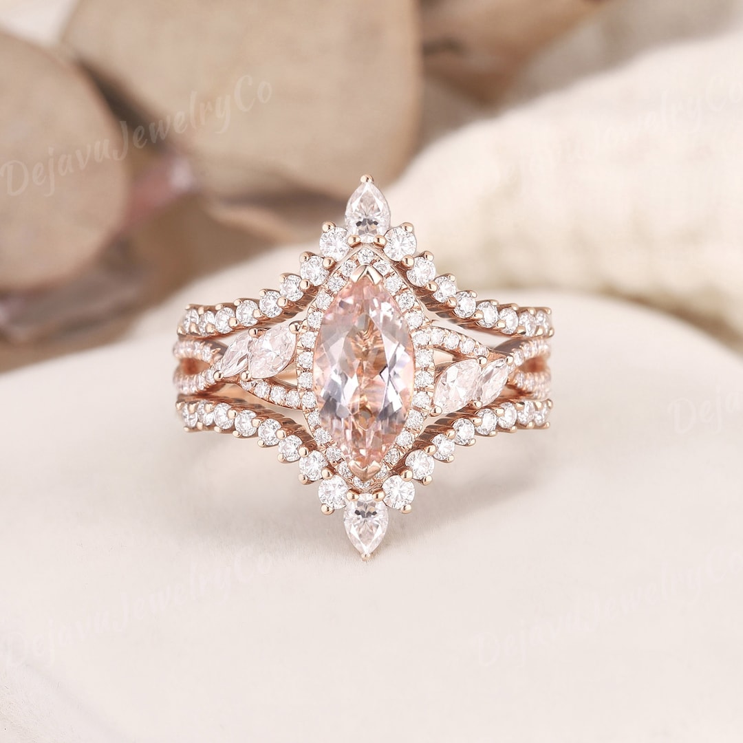 1ct Vintage Marquise Morganite Engagement Ring Unique Rose Gold ...