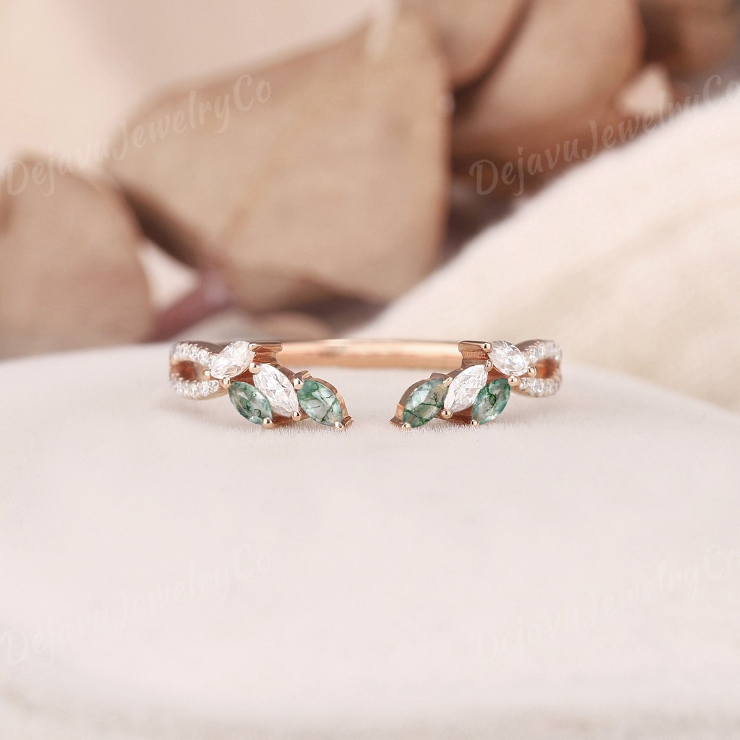 Unique Moss Agate Ring Open Wedding Band Women Ring Enhancer Curved ...