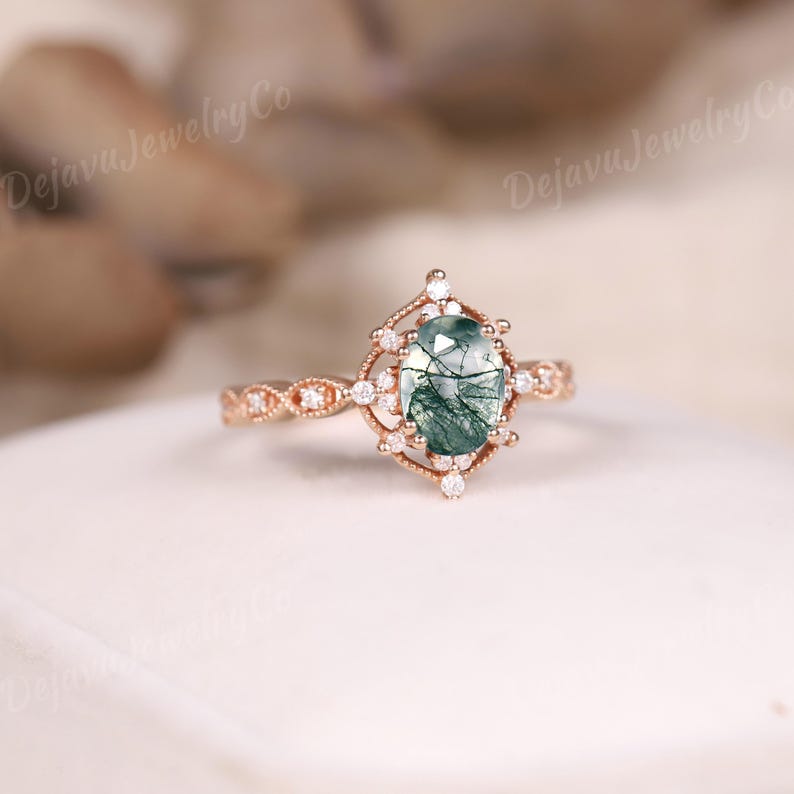 Delicate Oval Moss Agate Engagement Ring Unique Art Deco Moissanite ...