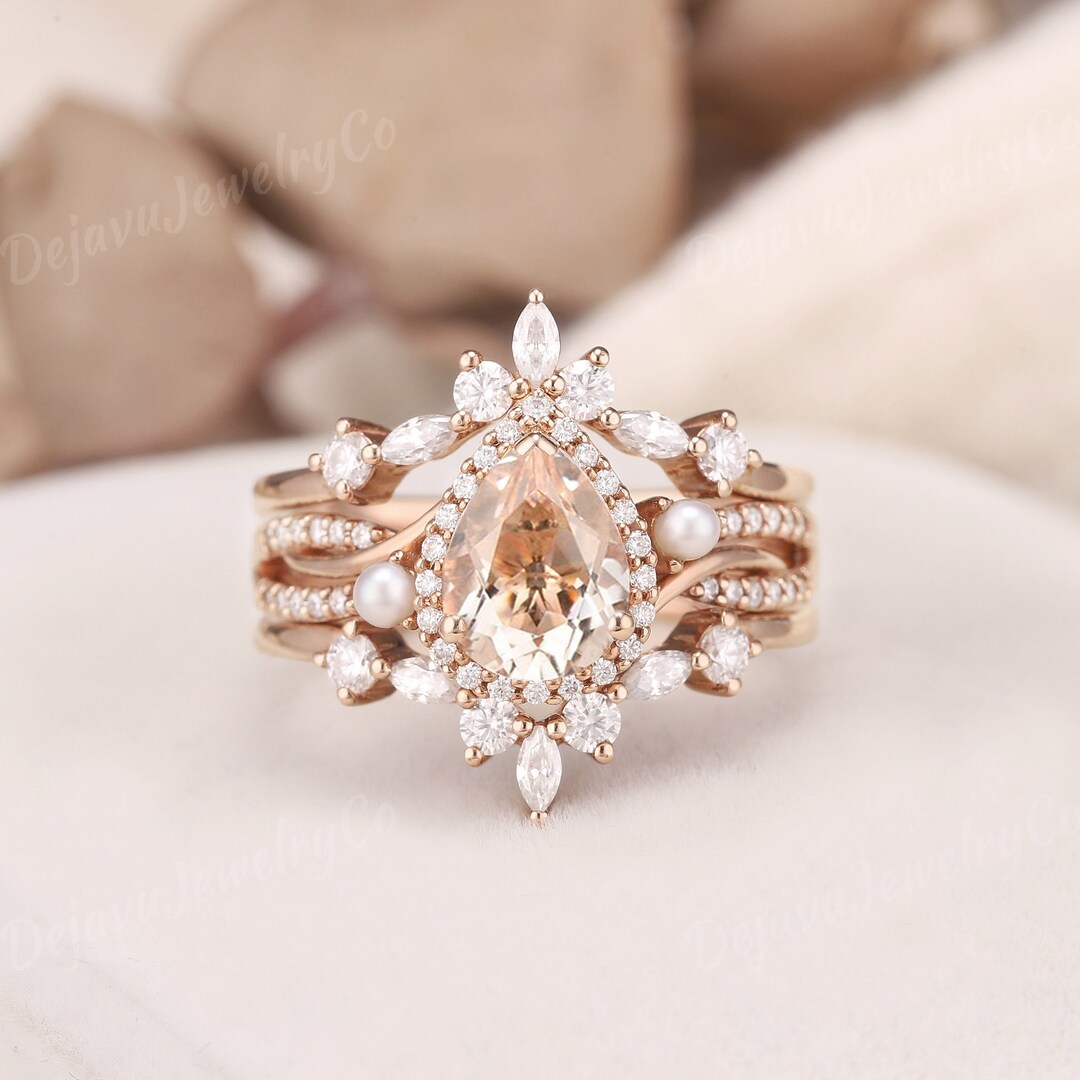 Pear Shaped Morganite Engagement Ring Rose Gold Unique Pearl Wedding ...