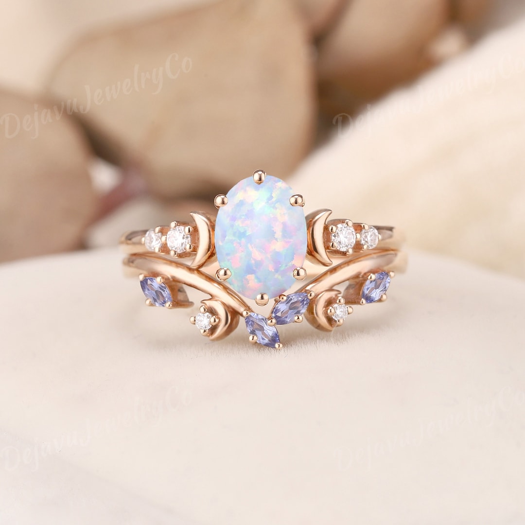 Moon Galaxy Inspired Engagement Ring Rose Gold Oval White Opal Ring ...