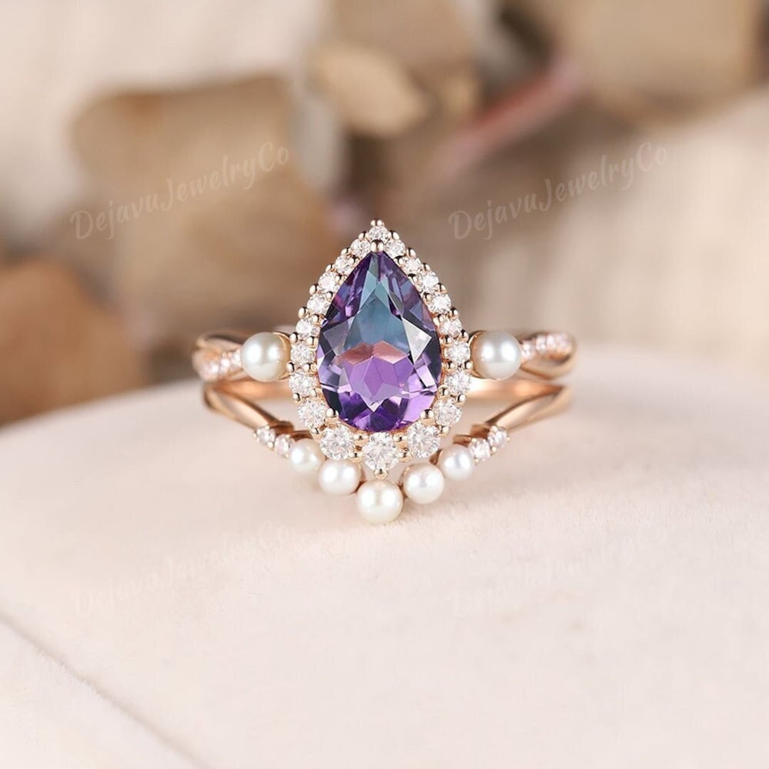 Unique Amethyst Engagement Ring Set Art Deco Pear Cut Amethyst Wedding ...