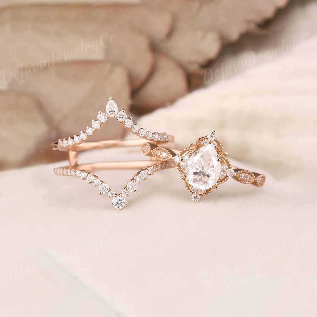 1.2ct Pear Shaped Moissanite Bridal Set 2pcs Cage Ring Unique Art Deco ...