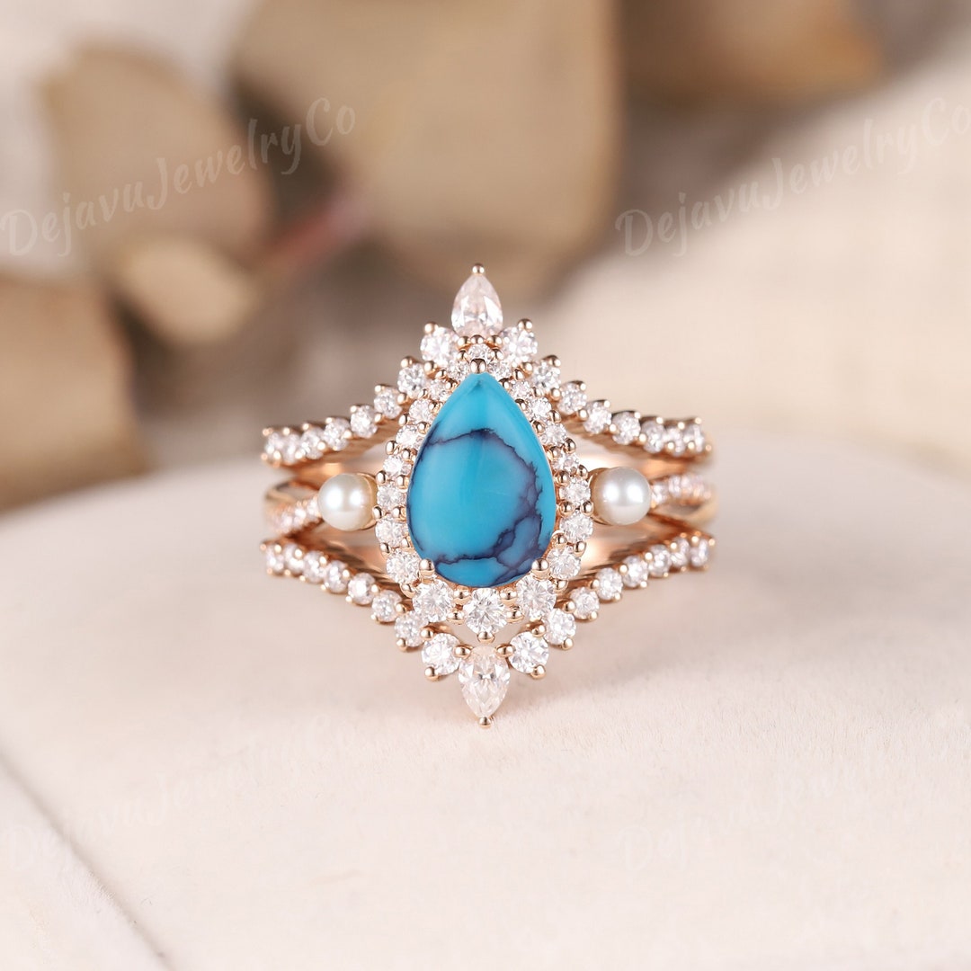 Vintage Turquoise Wedding Ring Set Antique Pear Shaped Turquoise ...