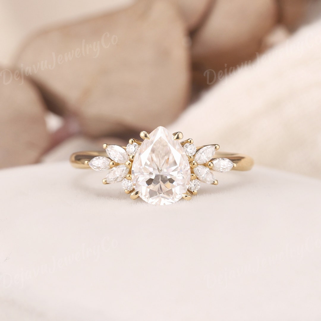 Pear Shaped Moissanite Engagement Ring Unique Diamond Yellow Gold Wedding Ring Moissanite ...