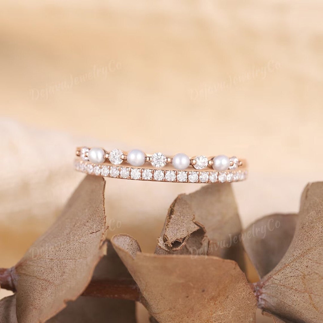 Pearl Wedding Band Vintage Band Half Eternity Band Moissanite Stacking ...