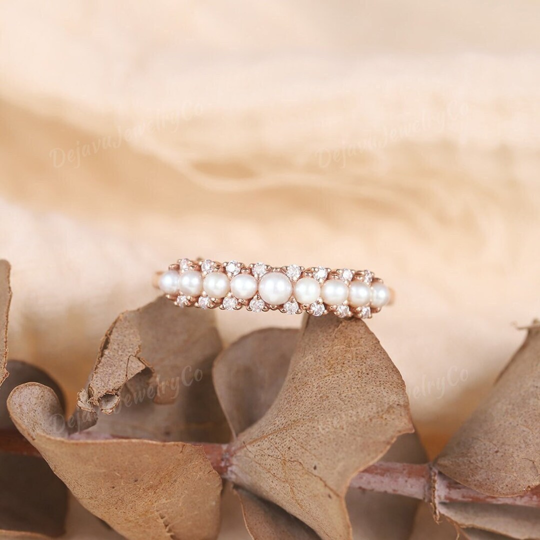 Unique Pearl Wedding Ring Dainty Pearl Wedding Band Rose Gold Diamond ...