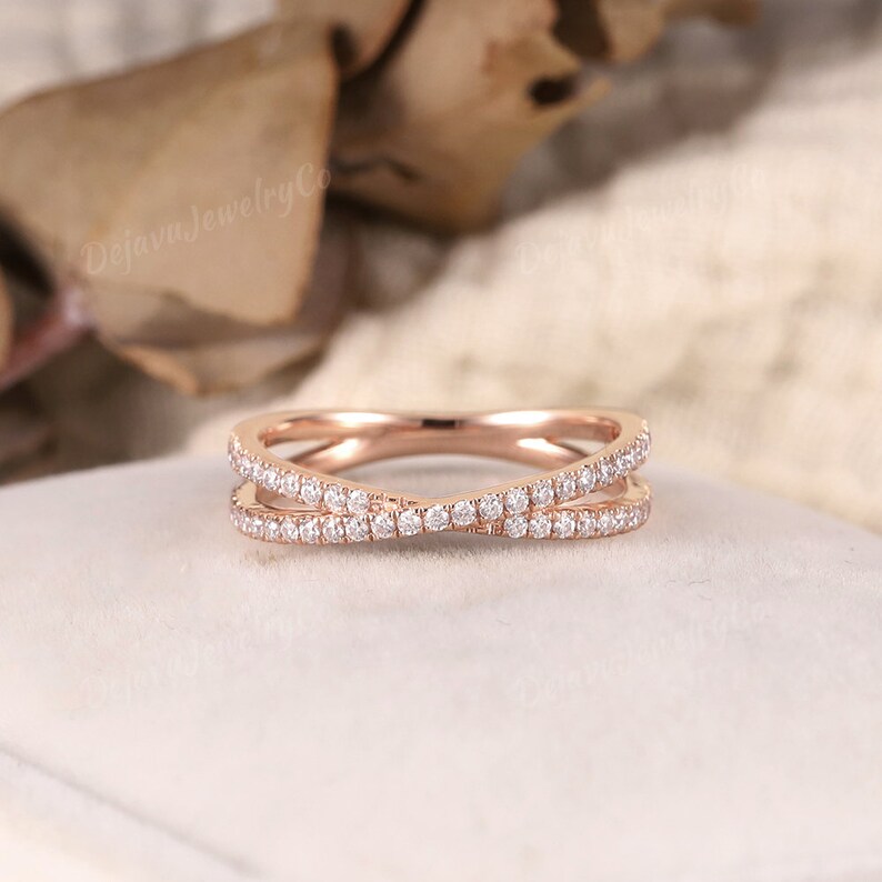 Elegant Criss-cross Wedding Band Rose Gold Diamonds Moissanite Twisted ...