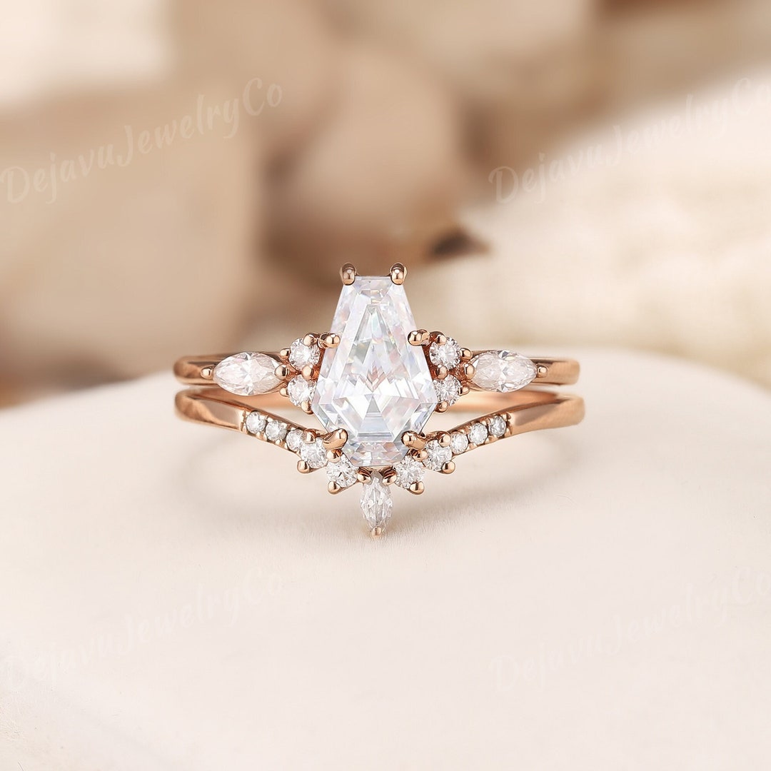 Unique Coffin Cut Moissanite Engagement Ring Set Moissanite Rose Gold ...