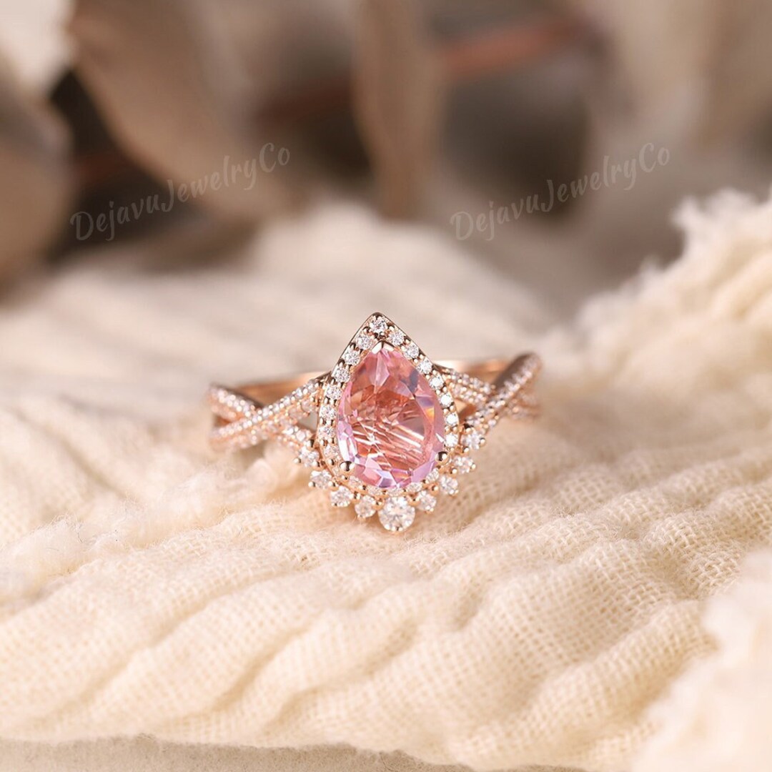 Peachy Pink Sapphire Engagement Ring Vintage Inspired Moissanite Halo ...