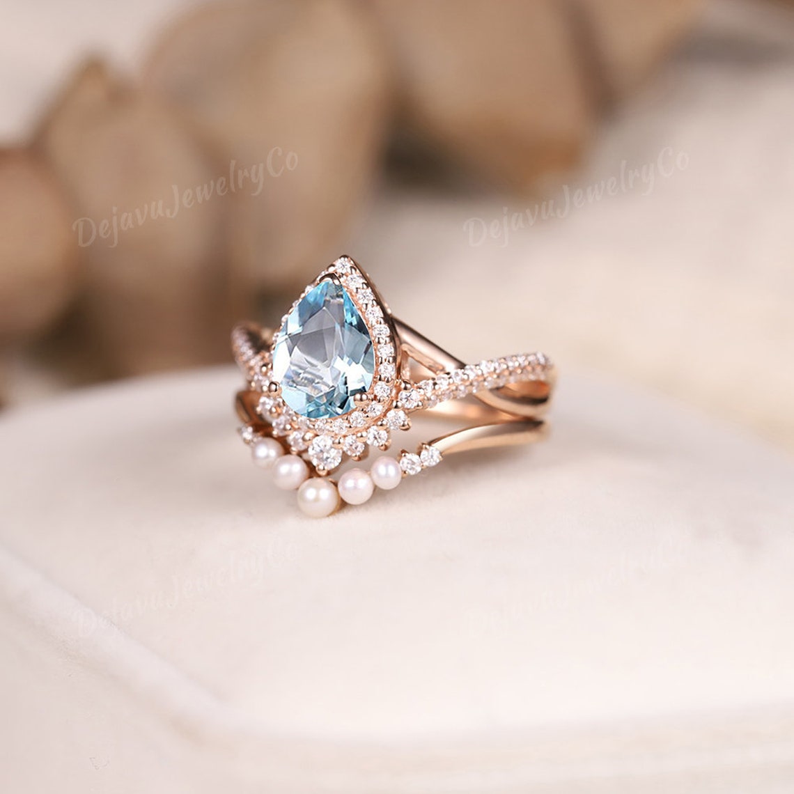 Aquamarine Wedding Ring Set Vintage Rose Gold Aquamarine - Etsy