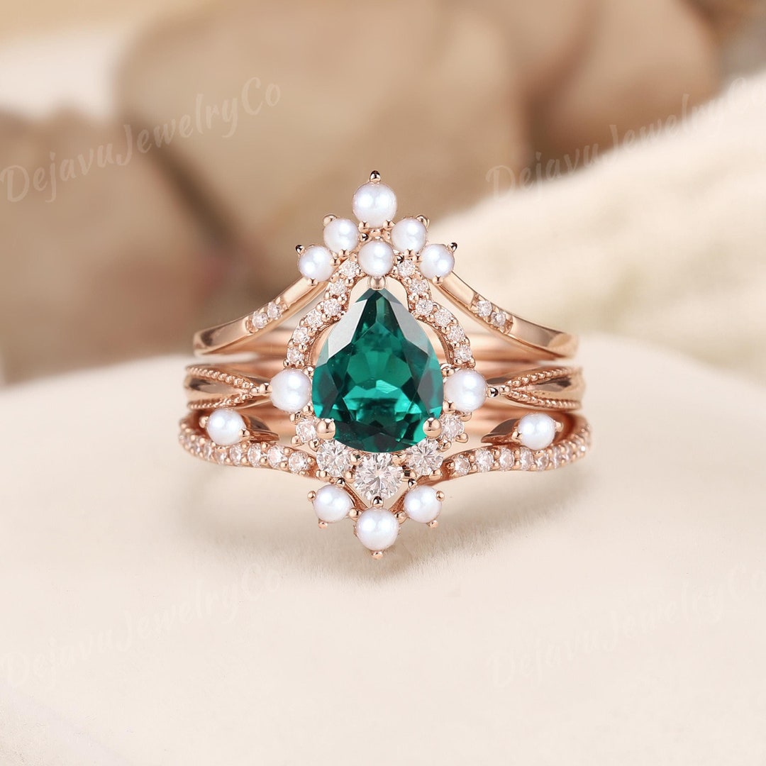 Vintage Emerald Pearl Engagement Ring Set Flower Art Deco Halo Rose ...