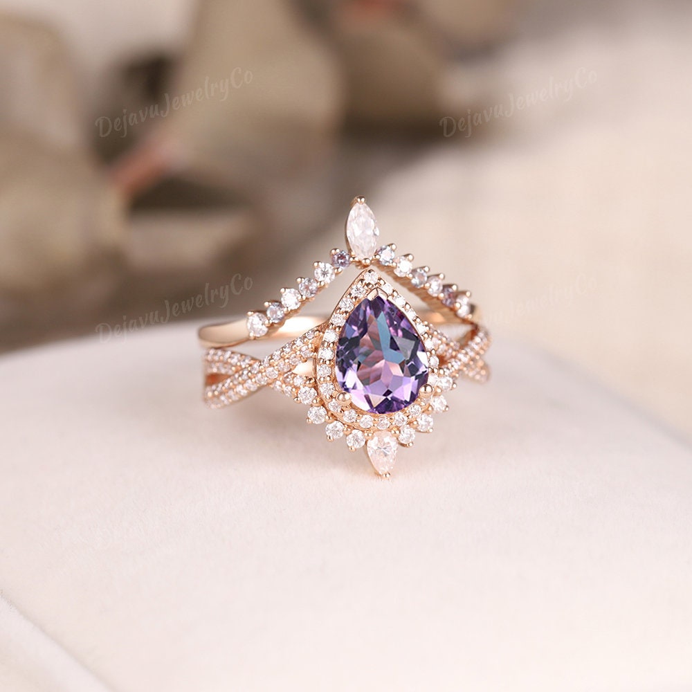 Unique Pear Amethyst Engagement Ring Set Rose Gold Amethyst - Etsy