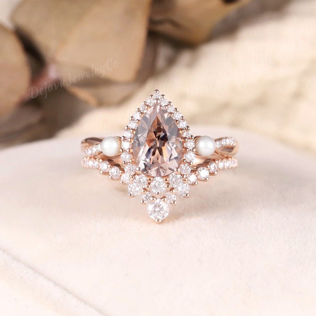 Unique Pear Cut Morganite Engagement Ring Set Pearl Cluster Wedding ...