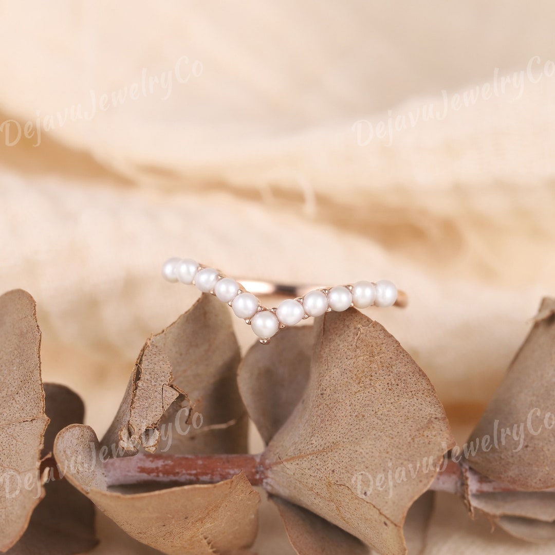 Unique Pearl Wedding Band Dainty Curved Rose Gold Wedding Ring Vintage ...