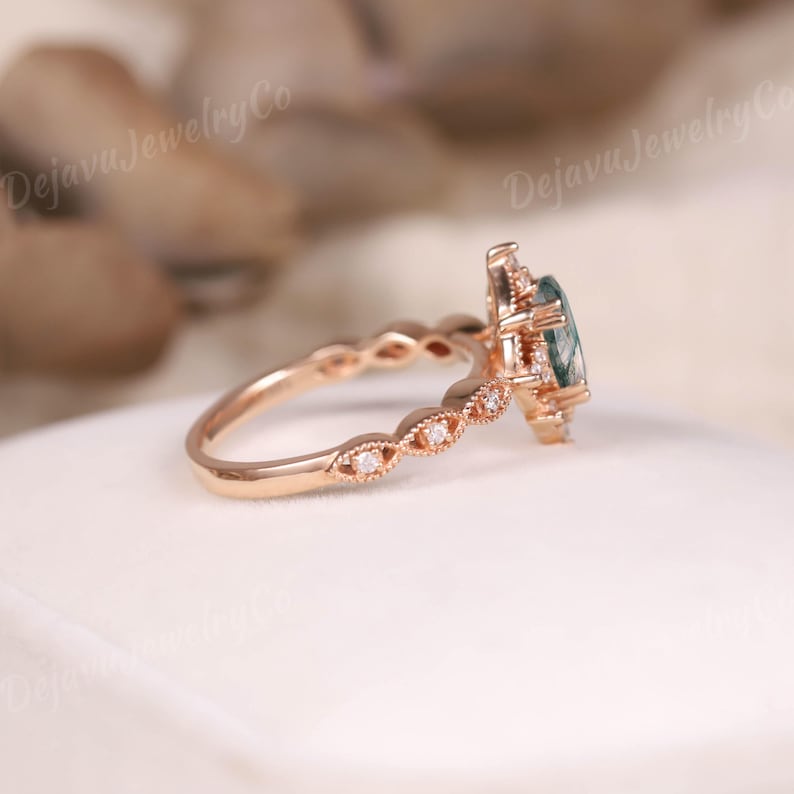 Delicate Oval Moss Agate Engagement Ring Unique Art Deco Moissanite ...