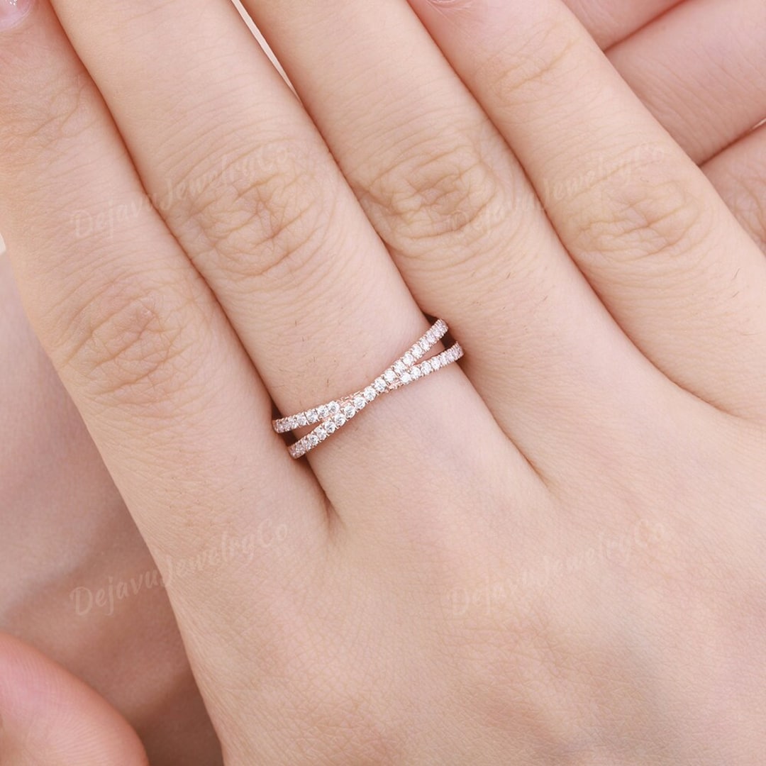 Elegant Criss-cross Wedding Band Rose Gold Diamonds Moissanite Twisted ...