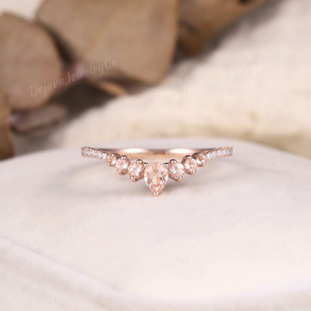 Delicate Morganite Curved Wedding Ring Unique Chervon Wedding Band Moissanite Curved Stacking ...