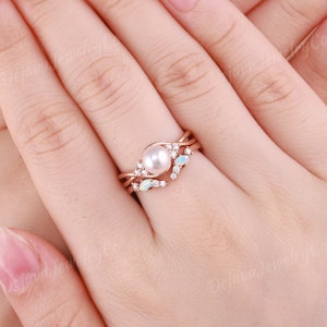 Art Deco Akoya Pearl Engagement Ring Set Moissanite Cluster Wedding ...