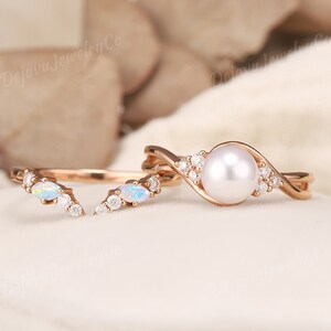 Art Deco Akoya Pearl Engagement Ring Set Moissanite Cluster Wedding ...