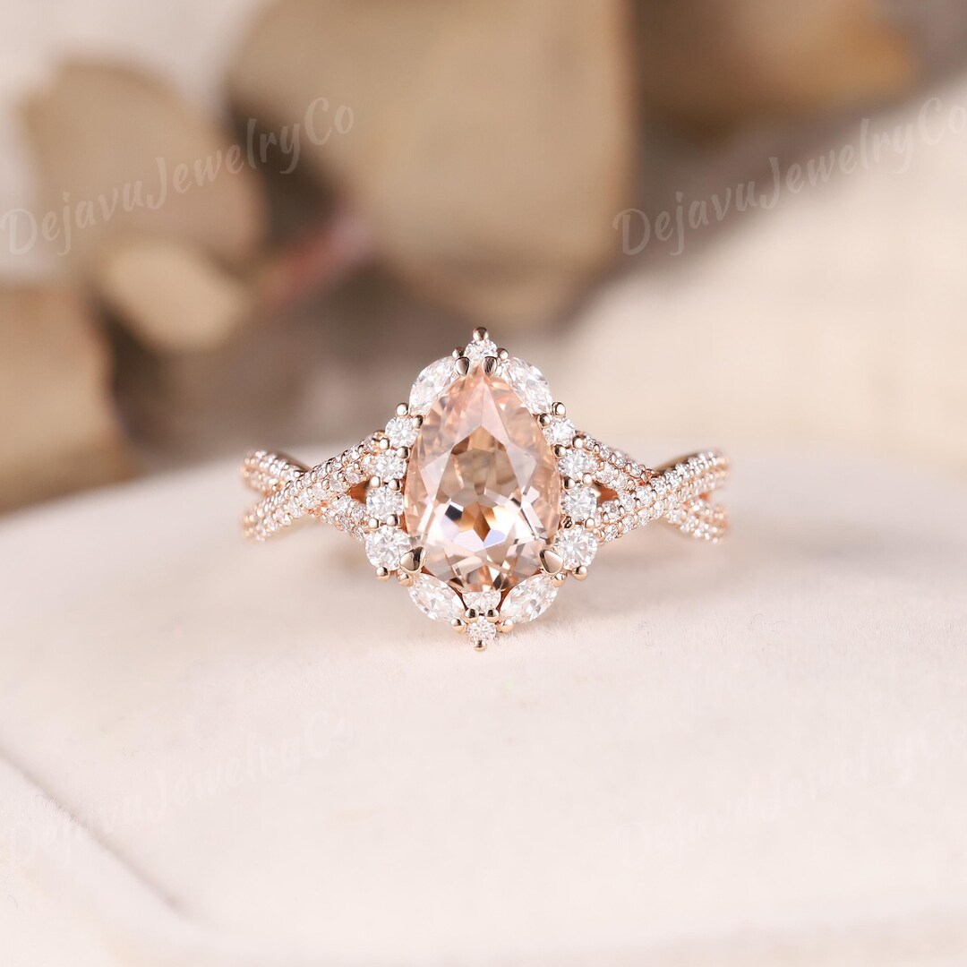 Art Deco Morganite Engagement Ring Unique Alternating Marquise Round ...
