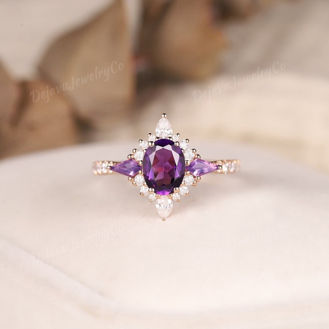 Unique Oval Amethyst Engagement Ring Kite Cut Amethyst Cluster Wedding ...