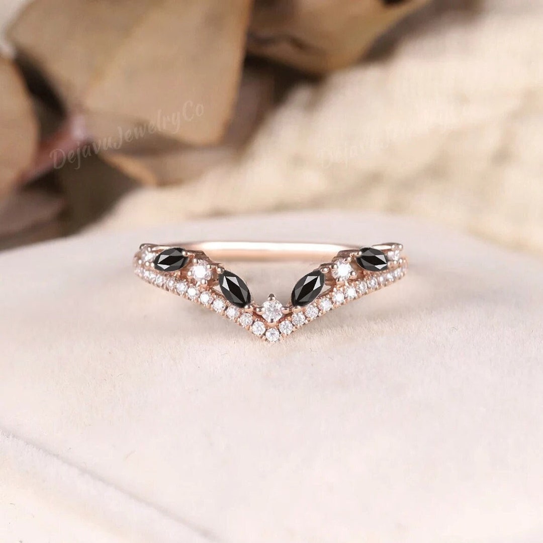 Art Deco Onyx Wedding Band Women Cluster Rose Gold Ring Bridal Ring Custom Fit Double Layer Ring ...