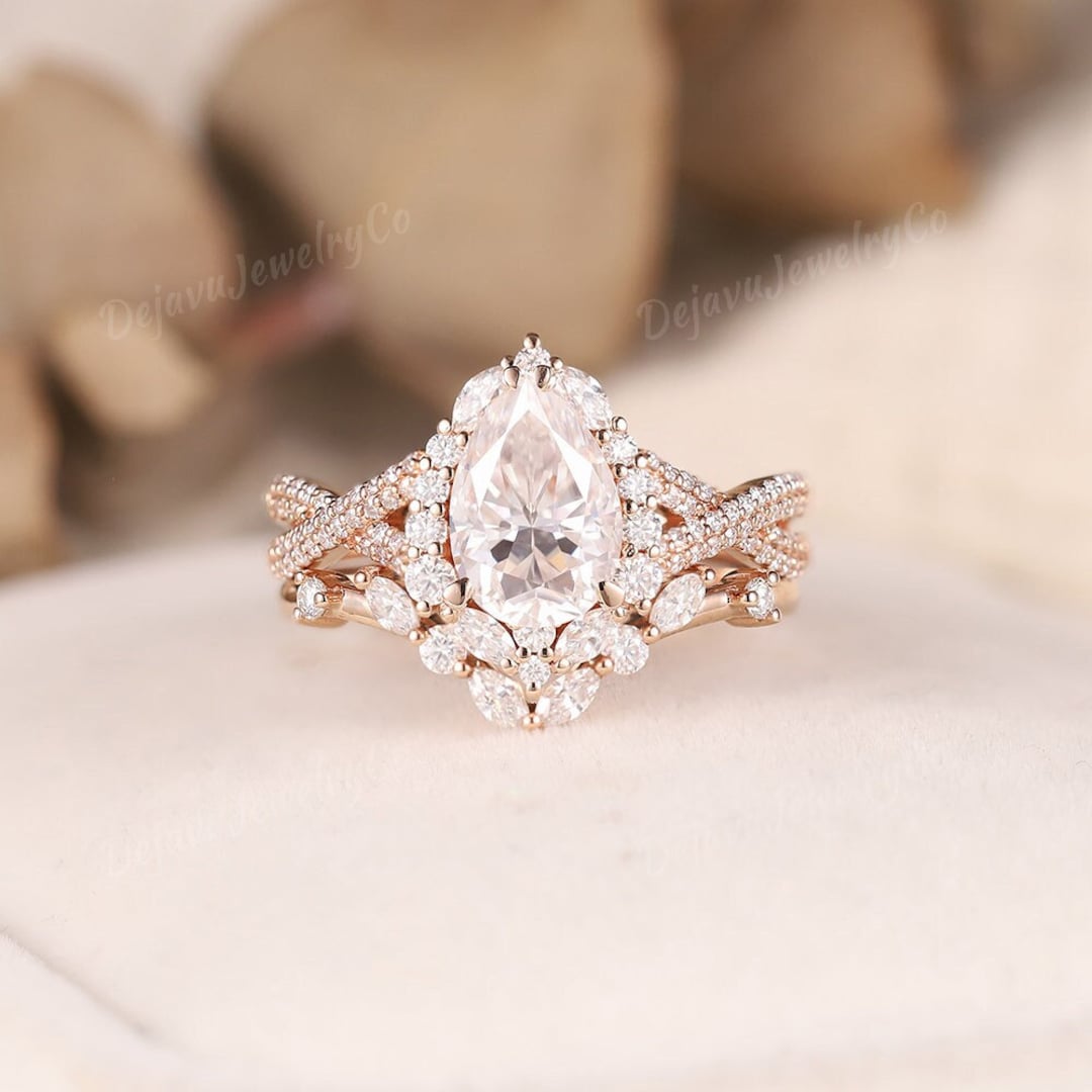 Unique Moissanite Engagement Ring Set Pear Cut Moissanite Halo Wedding ...