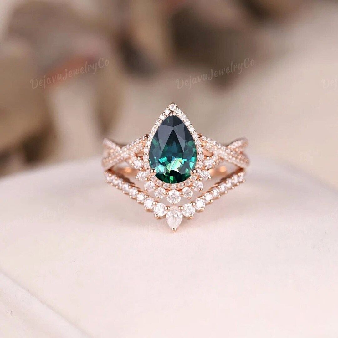Teal Green Moissanite Engagement Ring Bridal Set Rose Gold Teal Moissanite Ring Pear Shaped Halo ...