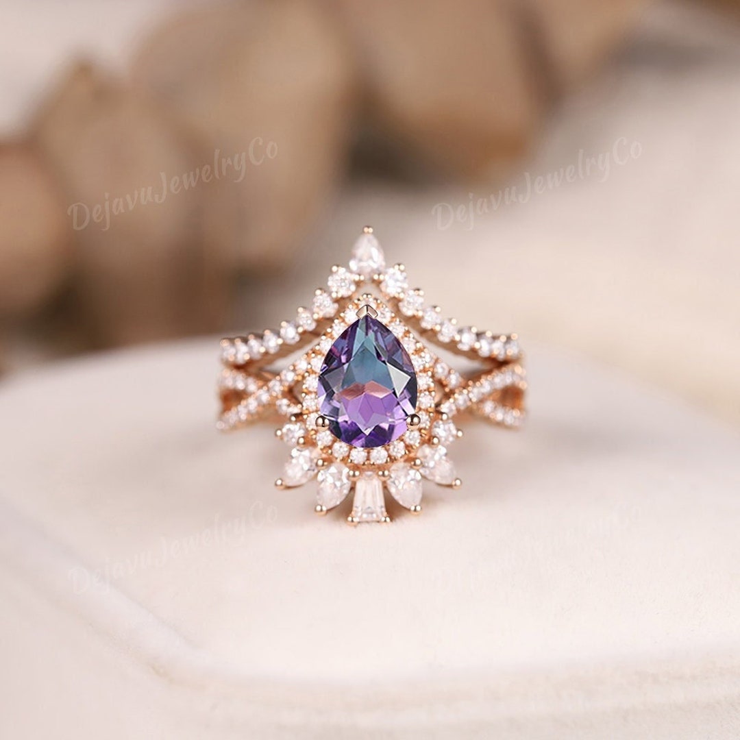 Unique Amethyst Engagement Ring Set Rose Gold Crystal Halo Ring Curved ...