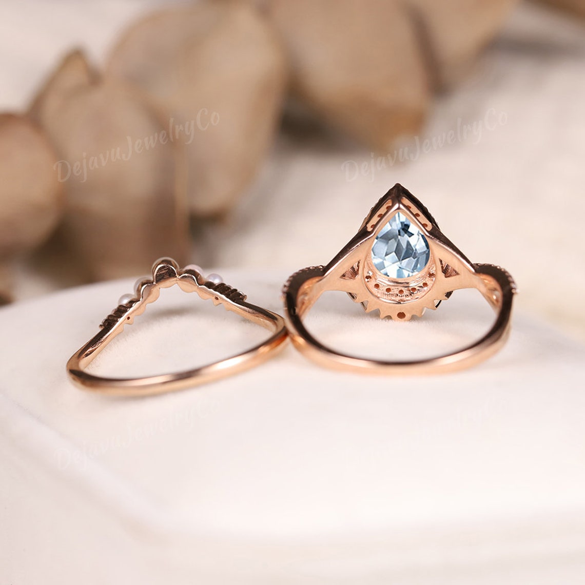 Aquamarine Wedding Ring Set Vintage Rose Gold Aquamarine - Etsy