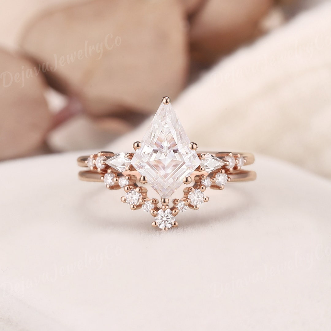 2ct Kite Cut Moissanite Engagement Ring Set Rose Gold Unique Moissanite ...