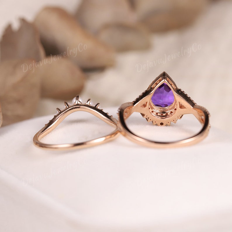 Vintage Pear Amethyst Wedding Ring Set Rose Gold Moissanite Crystal ...