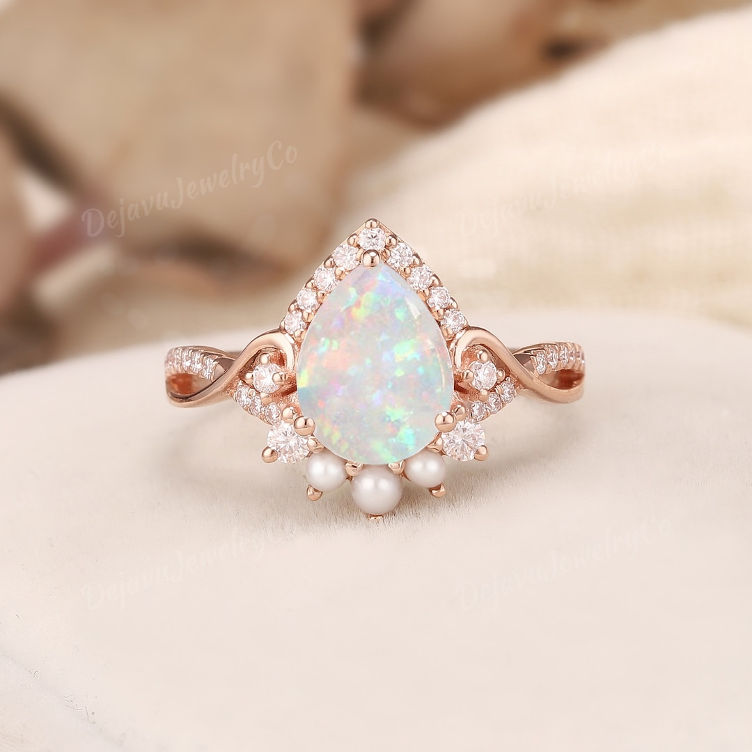 Lab White Opal Engagement Ring Dainty Rose Gold Ring Halo Moissanite ...