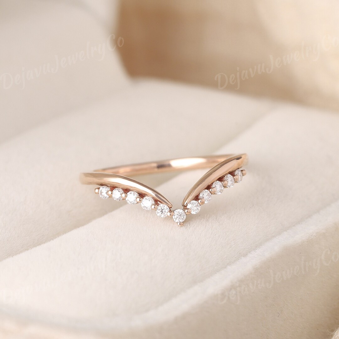 Vintage Moissanite Wedding Band Moissanite Chevron Stacking Wedding Ring Curved Wedding Ring ...